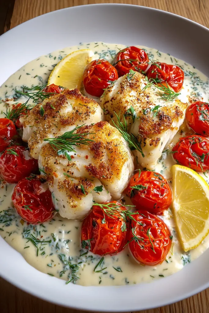 Grilled Cod with Roasted Tomatoes & Creamy Dill Sauce – Cooking With ...
