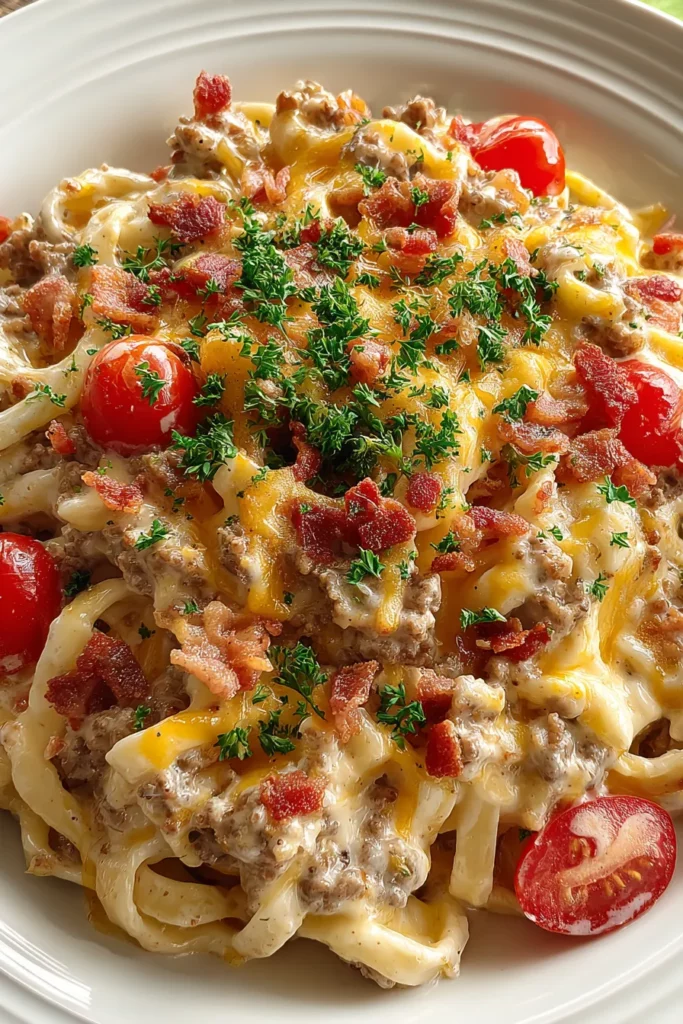 Loaded Bacon Cheeseburger Alfredo Pasta – Cooking With Chef Alba