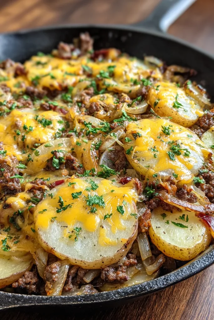 One-Pan Cheesy Meat & Potato Skillet – Cooking With Chef Alba