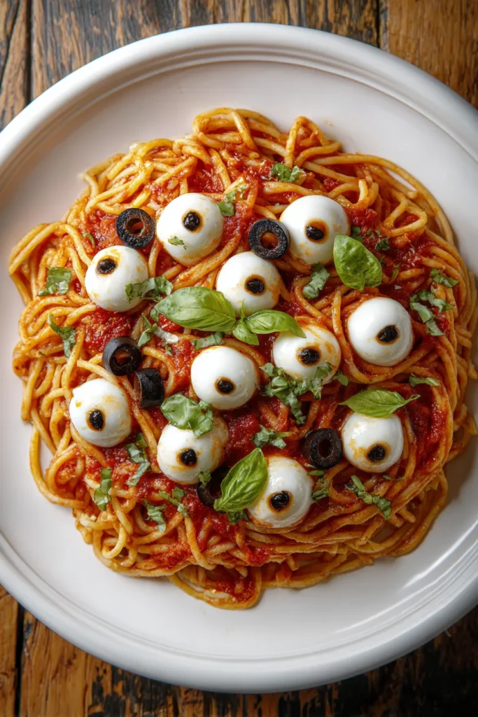 Bloody Spaghetti with Mozzarella Eyeballs – Cooking With Chef Alba