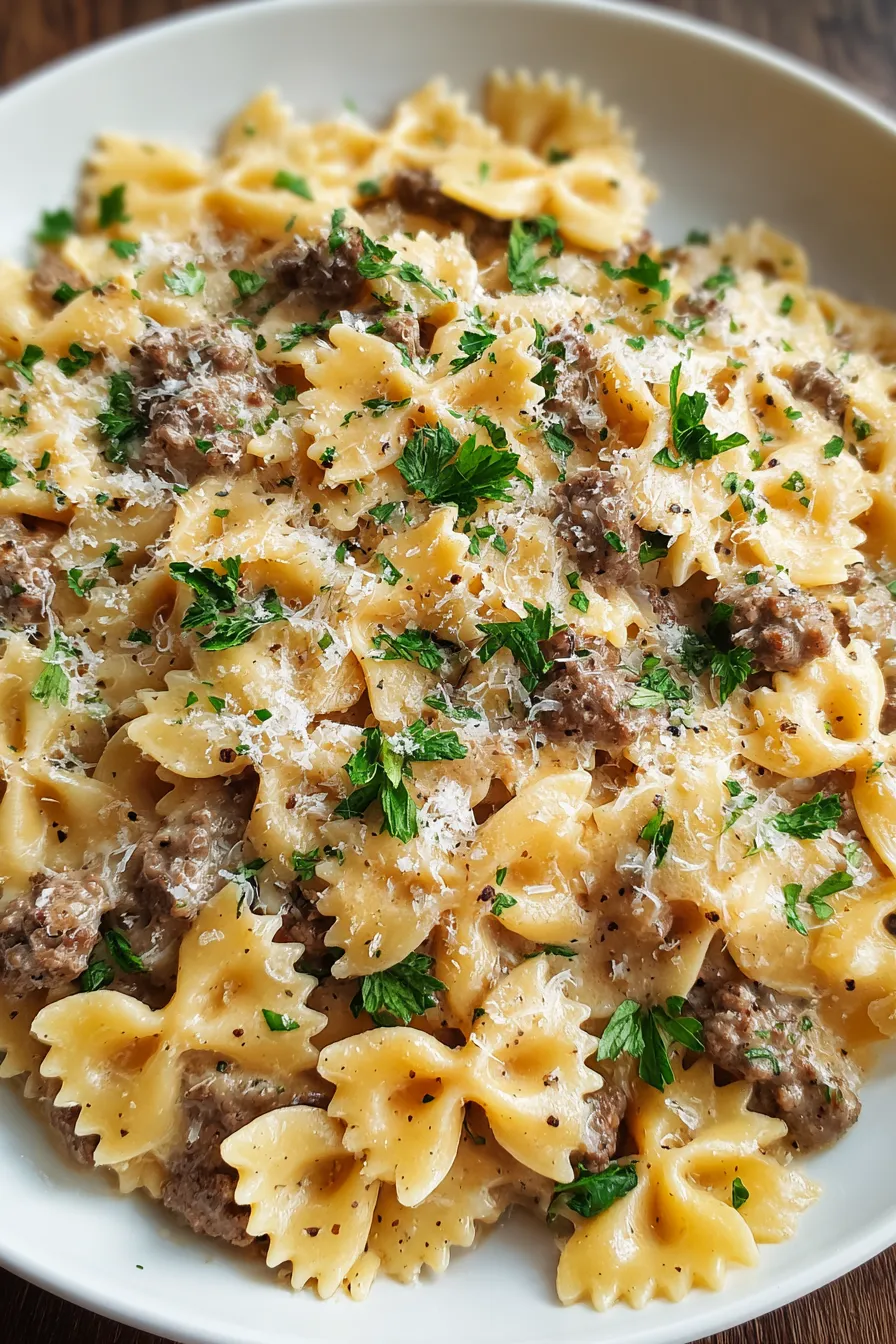 Creamy Parmesan Garlic Beef Bowtie Pasta – Cooking With Chef Alba